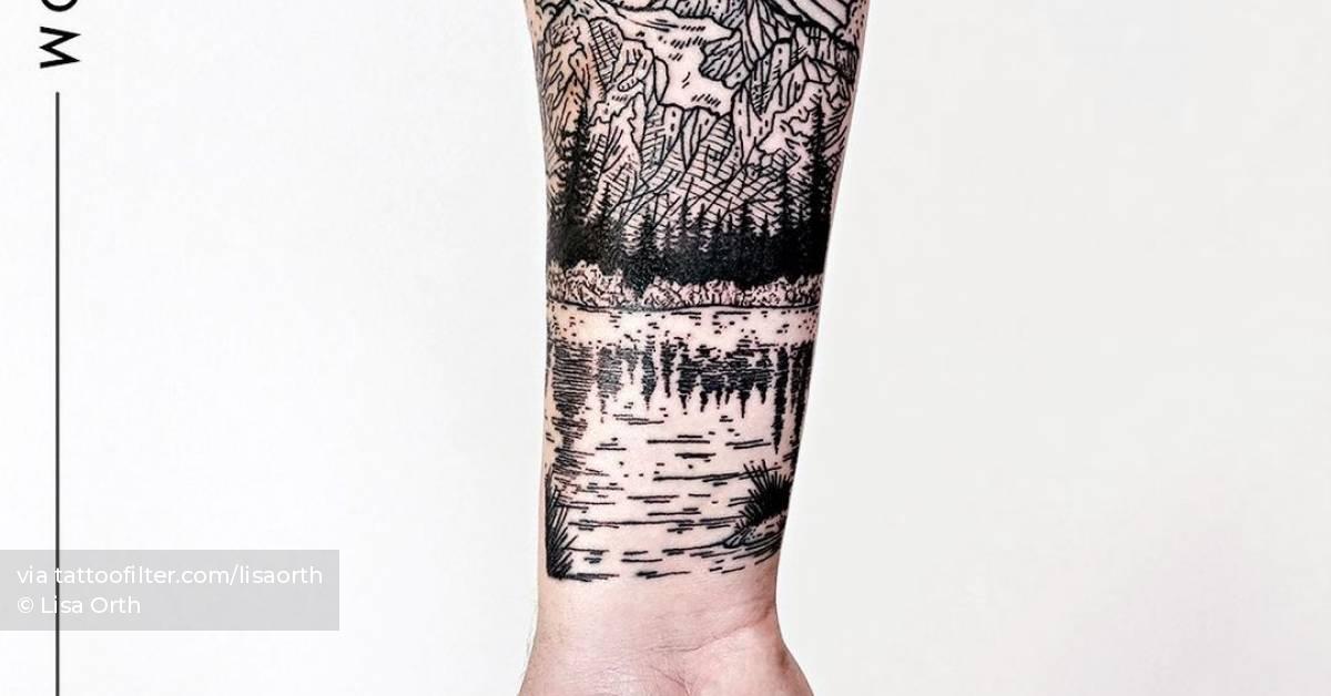 Engraving style andscape piece tattooed on the inner