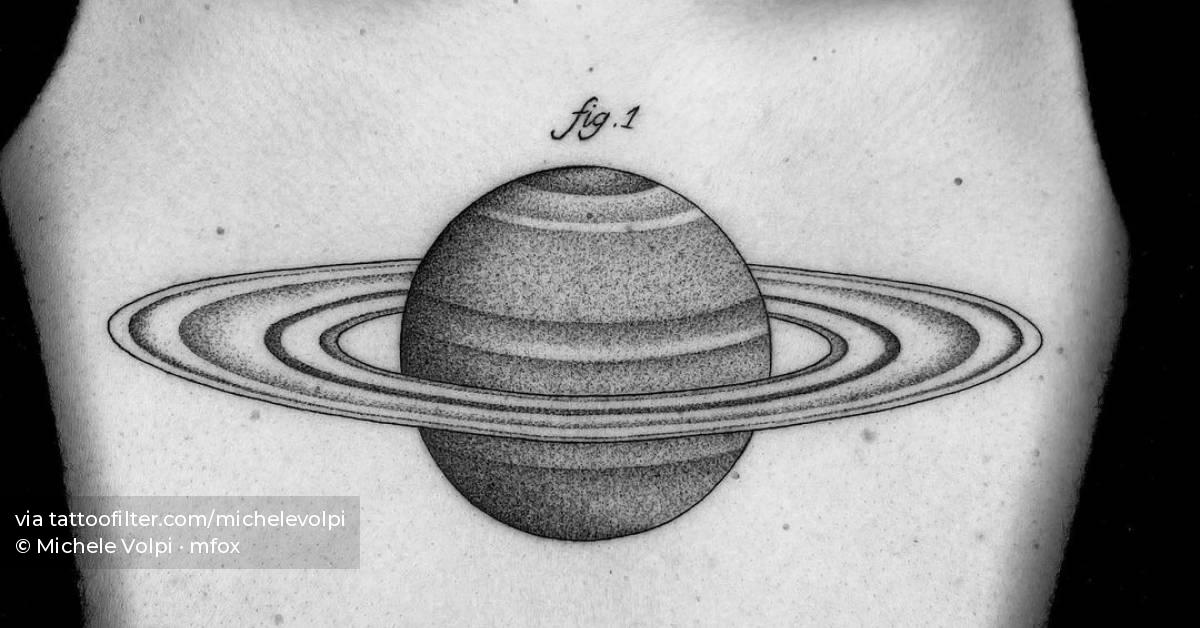 Scientific illustration of the planet Saturn tattooed