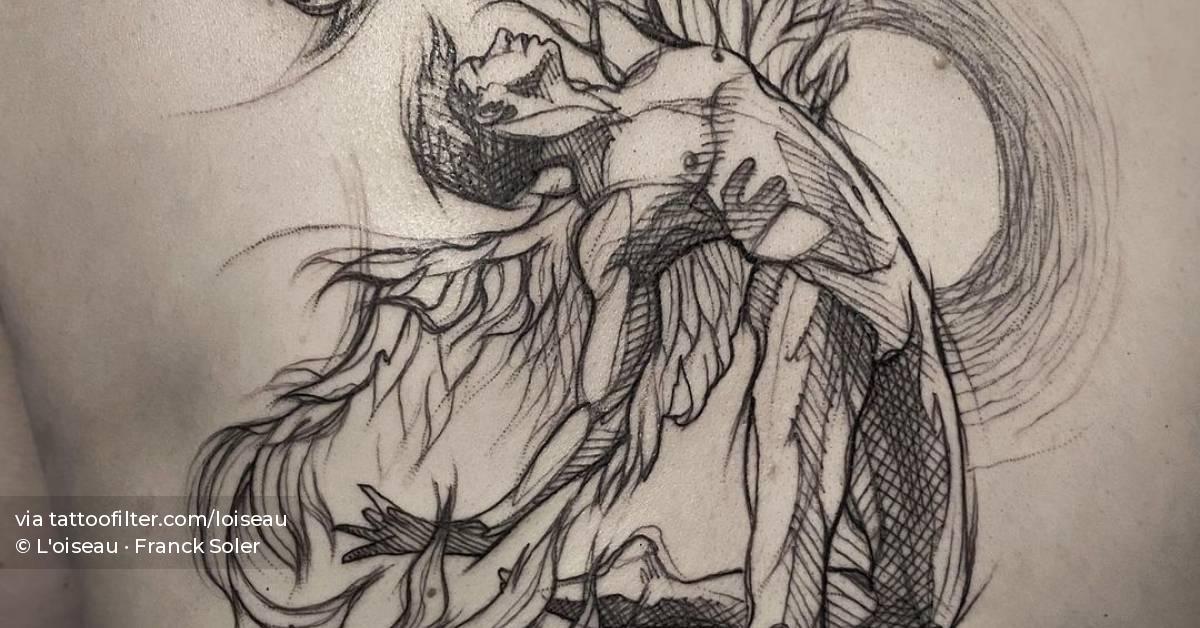 Massive Icarus tattoo located on the back, sketch work