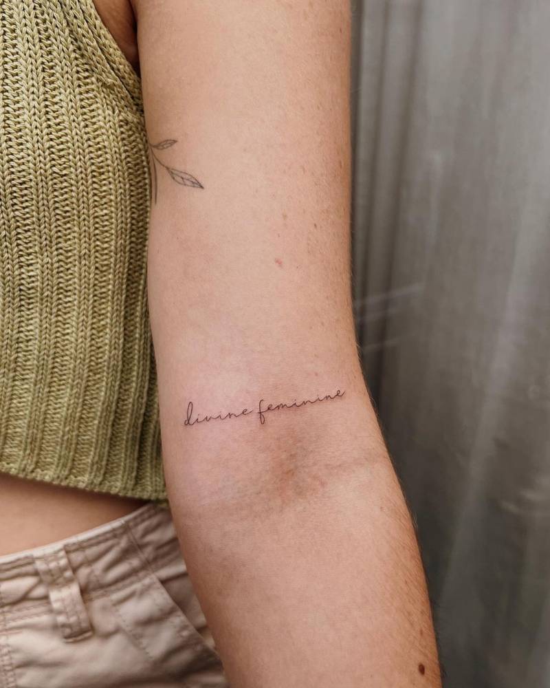  Divine Feminine Lettering Tattoo Hand Poked On The