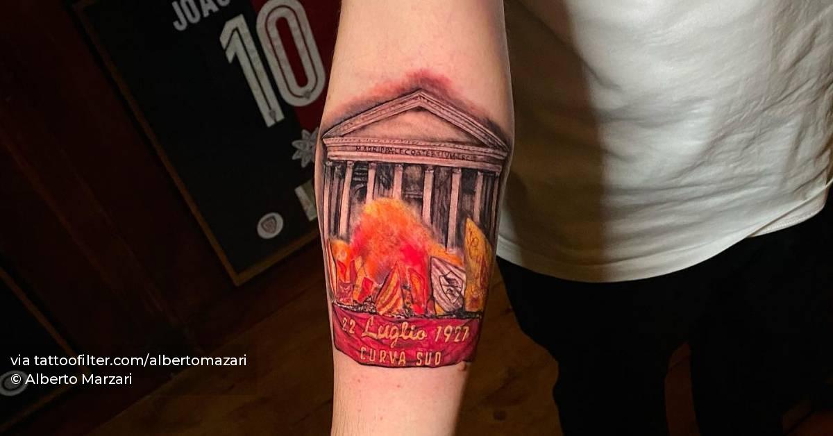 A.S. Roma tattoo located on the inner forearm.