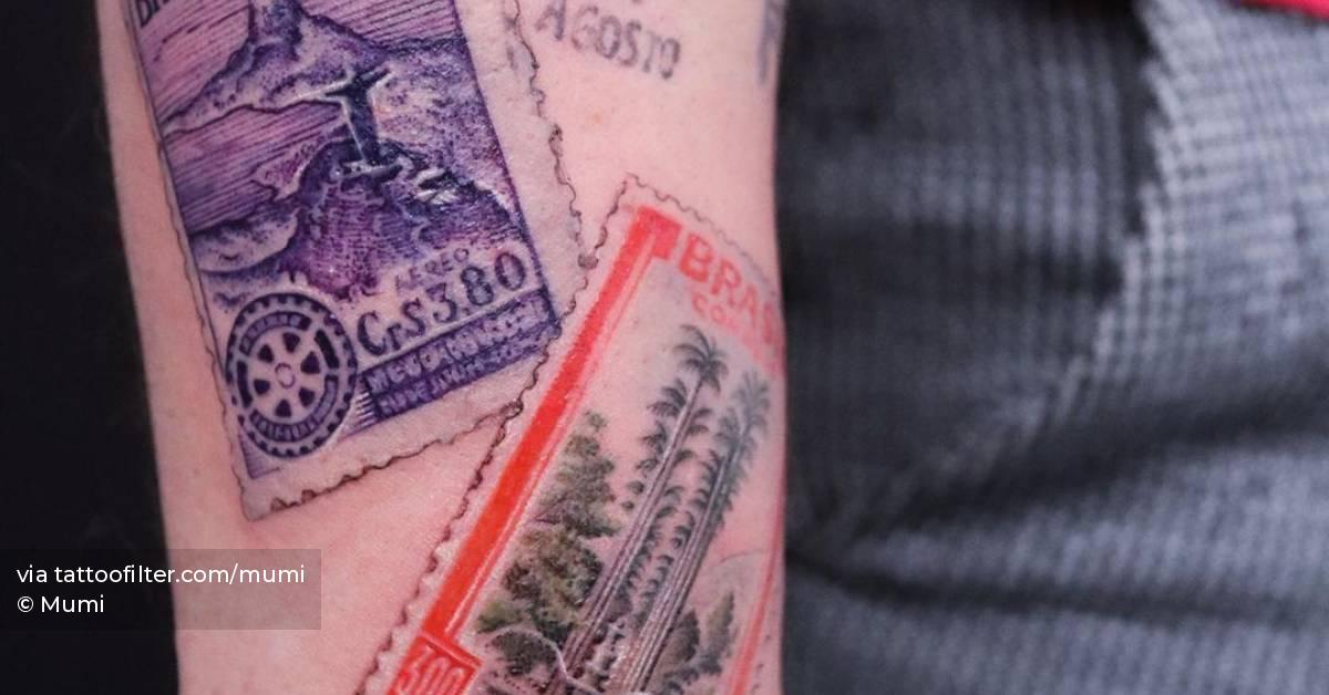 Brazilian stamps and travel stamp located on the wrist.