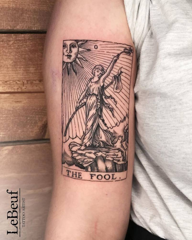 The Fool Tarot Card Tattooed On The Bicep Engraving The Fool Tarot Card Tattooed On The Bicep Engraving