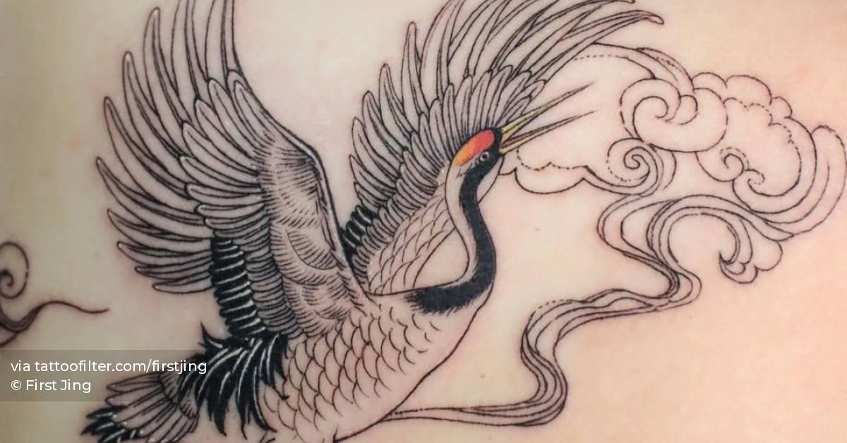 Fine line red-crowned crane tattoo on the shoulder