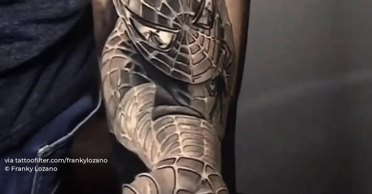 Black and grey Spider Man tattoo done on the inner
