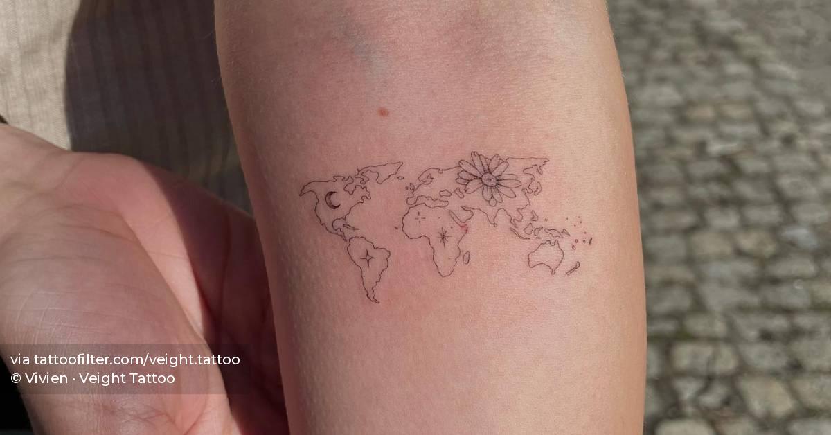 Fine line style world map tattoo located on the inner