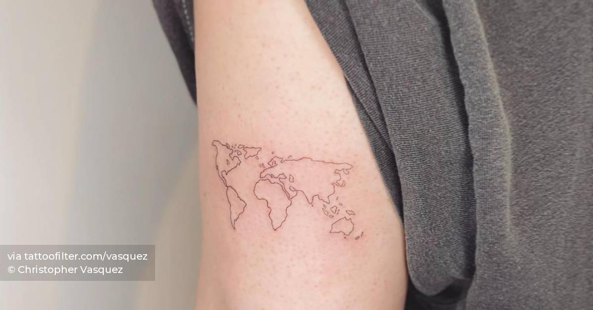 Fine line world map tatto located on the tricep.