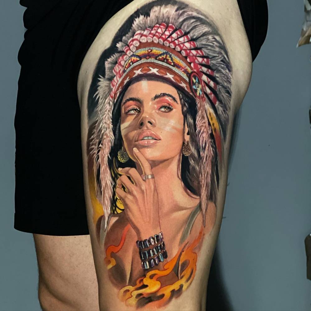 Native American Woman Tattoo Located On The Thigh Native American Woman Tattoo Located On The Thigh