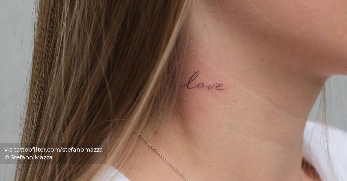 Tattoo of the word "love" handwritten on the neck.