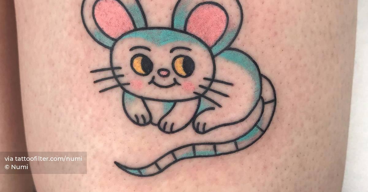 Lil mouse tattoo placed on the thigh, kawaii style.
