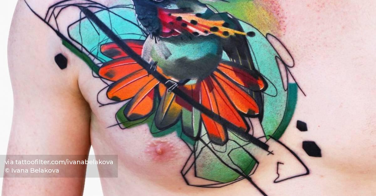 Hummingbird tattoo located on the chest, watercolor