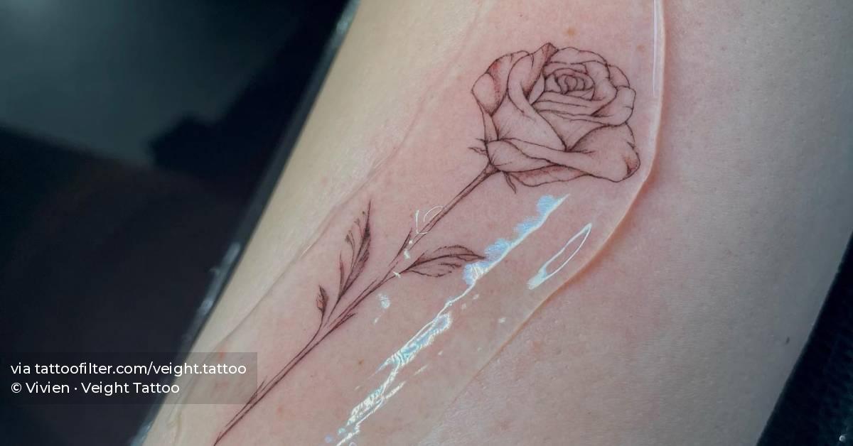 Rose tattooed on the upper arm, done in fine line.