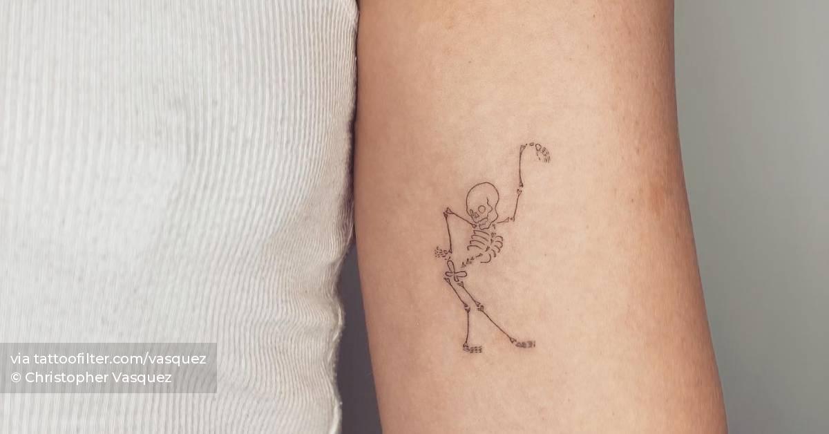Fine line dancing skeleton tattoo located on the inner