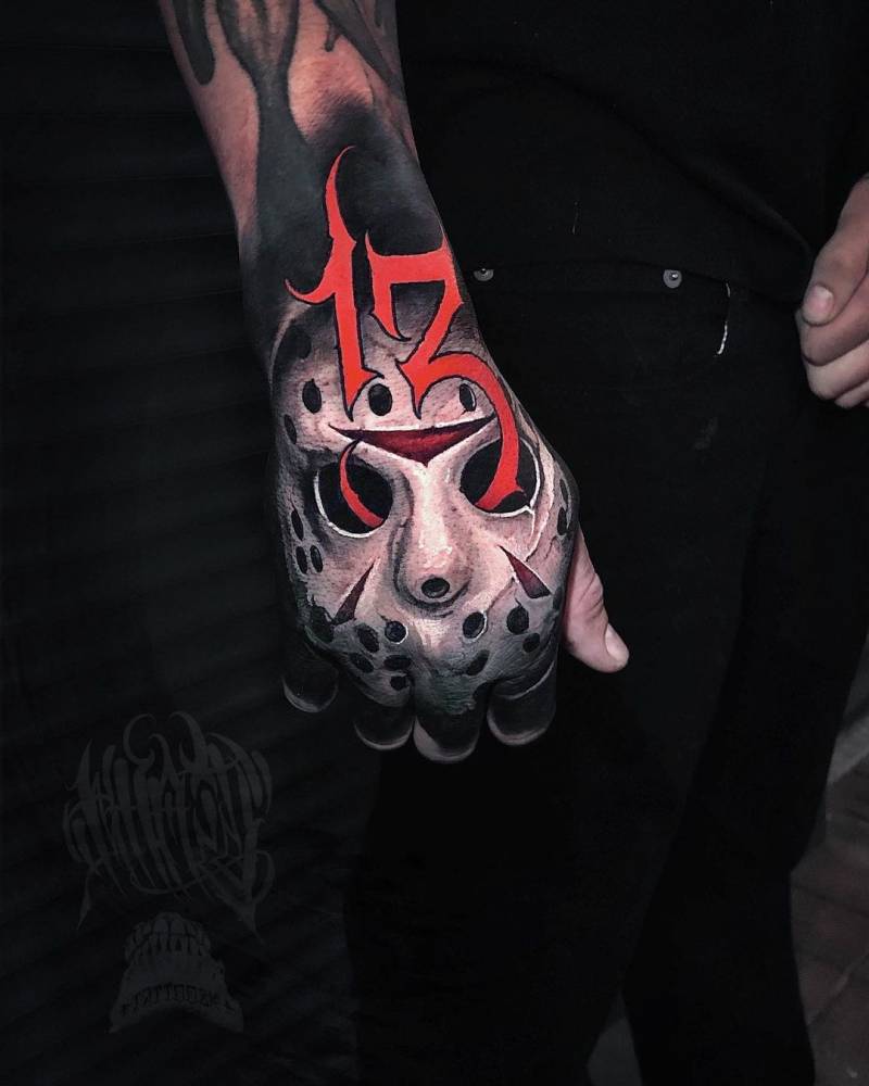 Jason Voorhees Portrait Tattoo Located On The Hand Jason Voorhees Portrait Tattoo Located On The Hand