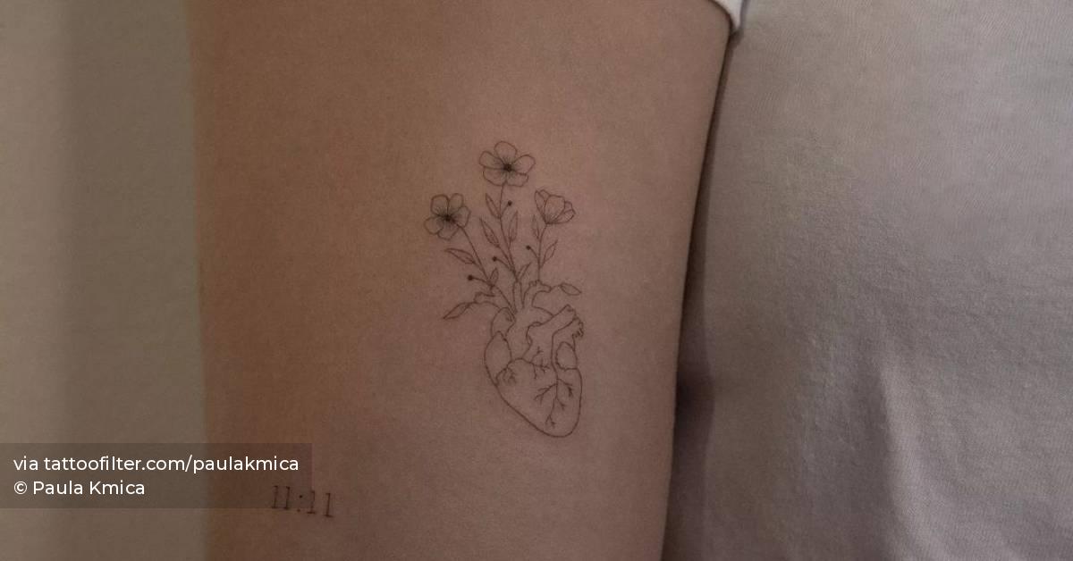 Fine line anatomical heart and flowers and "11:11"