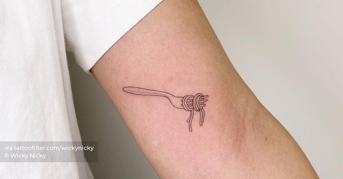 Spaghetti and fork tattoo located on the inner arm,