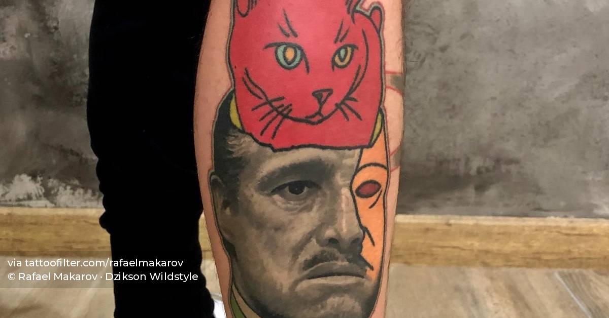 5 years healed Vito Corleone portrait tattoo located on