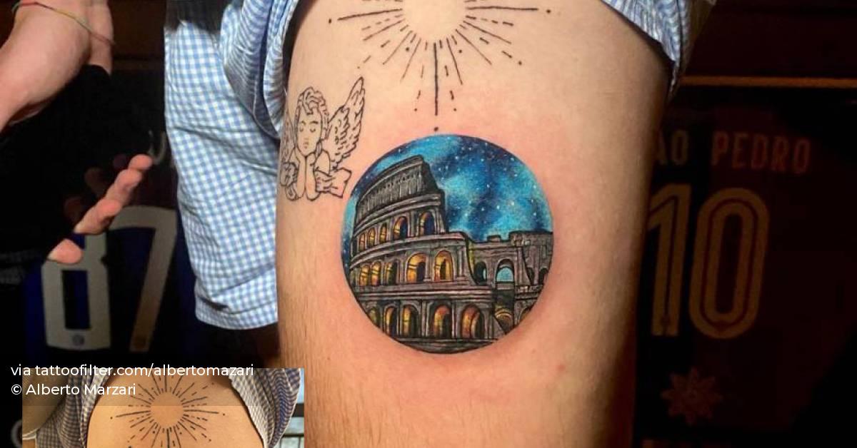 Micro-realistic style Colosseum cover up tattoo.