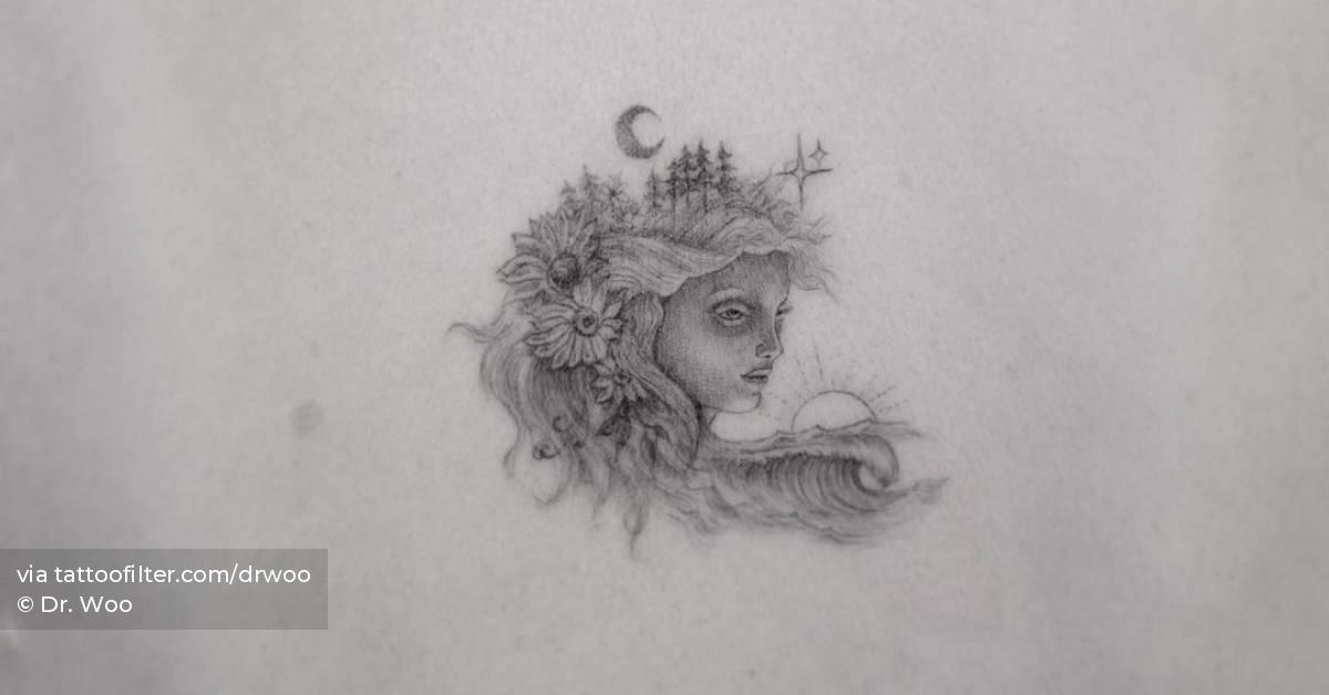 Single needle Gaia portrait tattoo on the back.