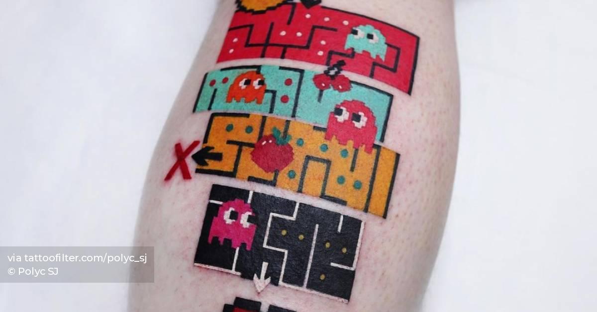 Pac-Man tattoo located on the calf.