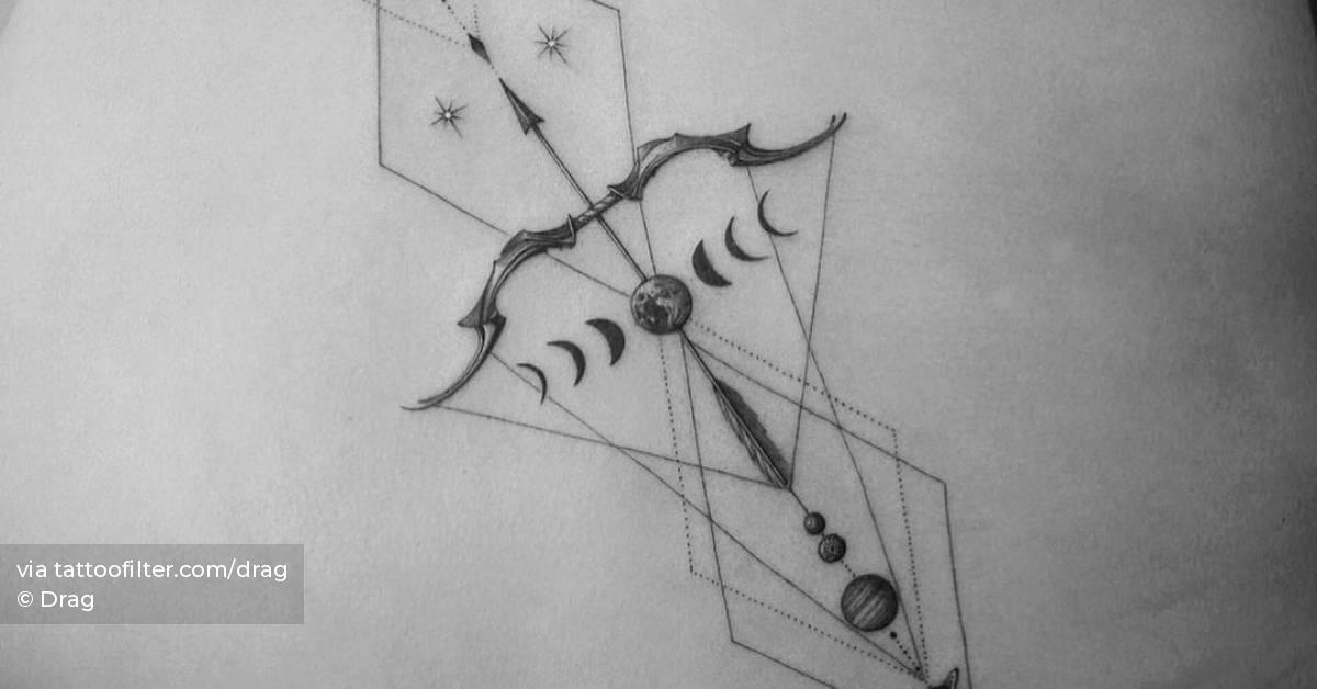 Graphic style bow and arrow tattoo located on Tanner