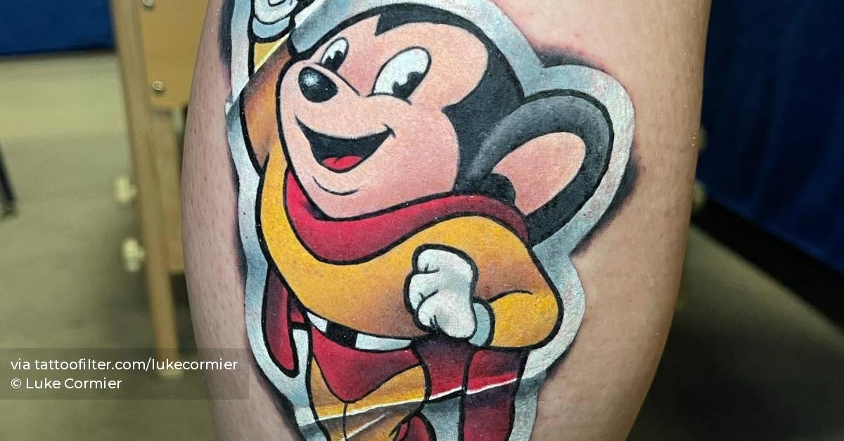 Mighty Mouse sticker tattoo located on the calf.