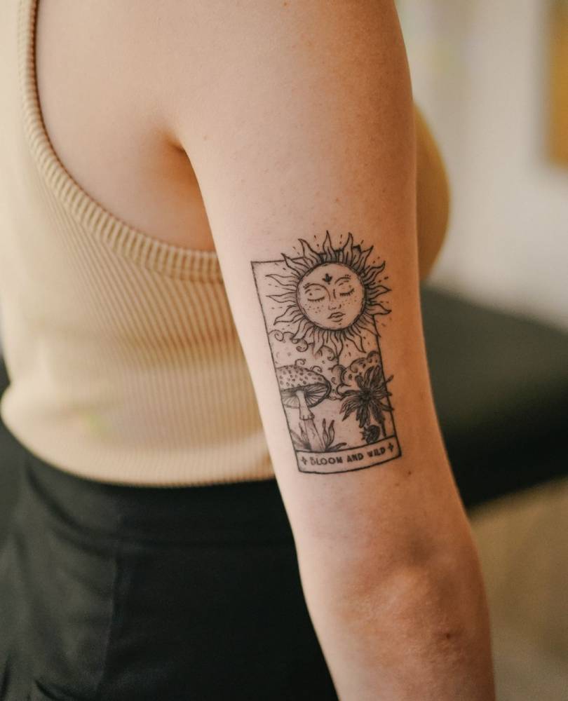 Healed Sun Tarot Card Tattoo Located On The Tricep 