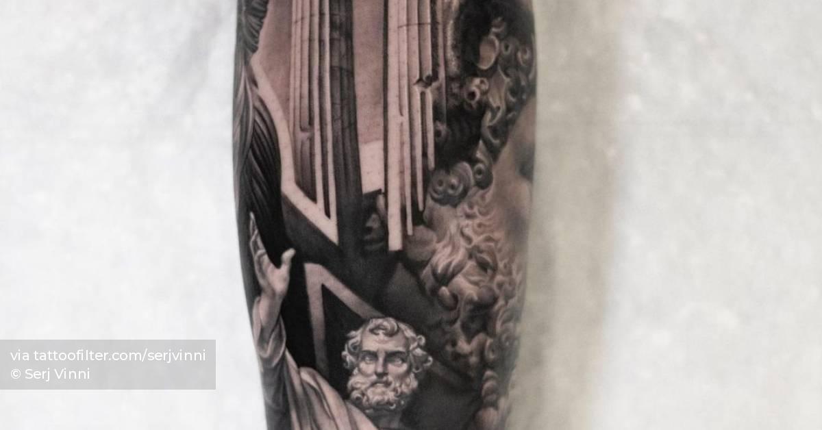 Saint Peter and Parthenon tattoo located on the calf.