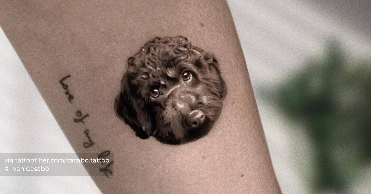 Micro-realistic Cockapoo portrait tattoo located on the