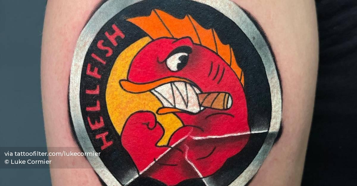 Flying Hellfish sticker tattoo located on the upper