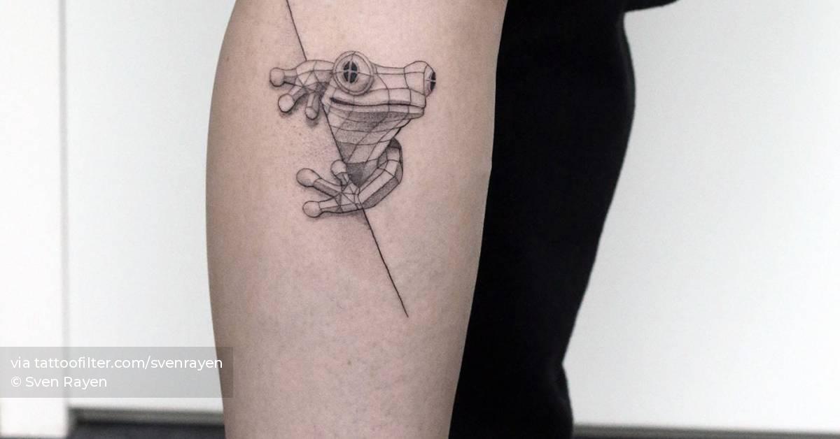 Low poly frog tattoo located on the shin.
