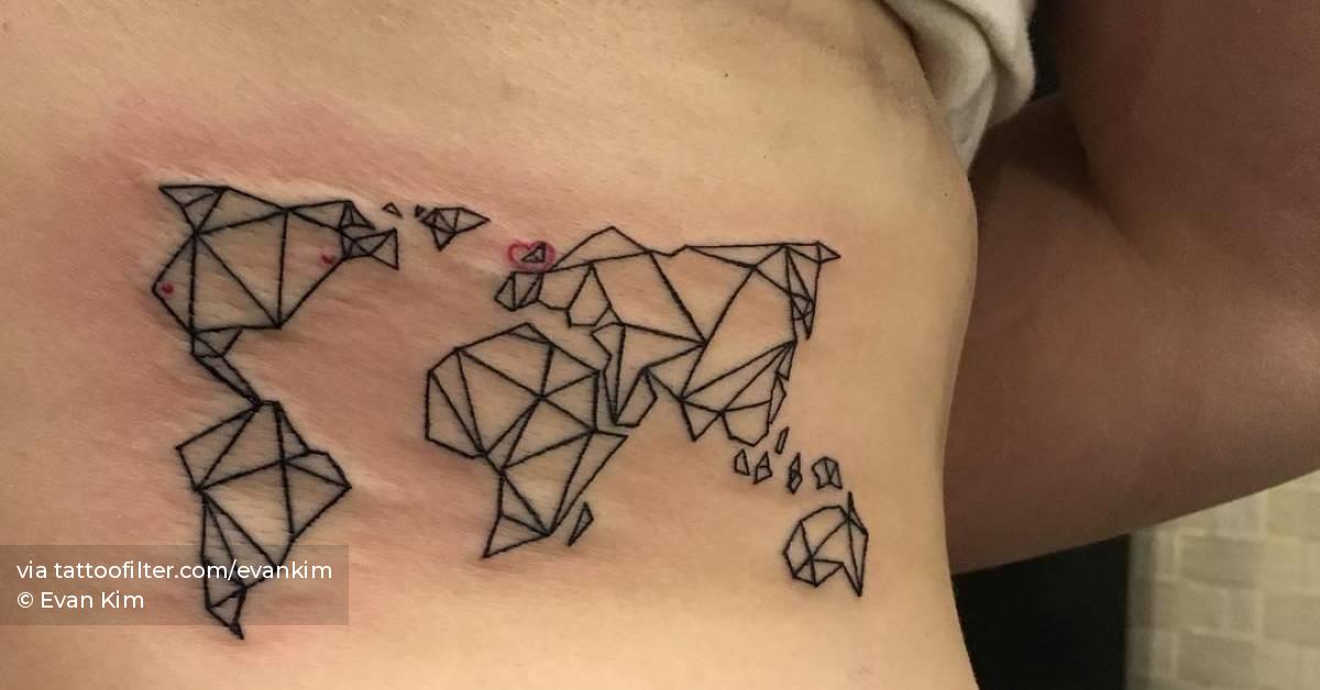 World map tattoo located on the lower back.