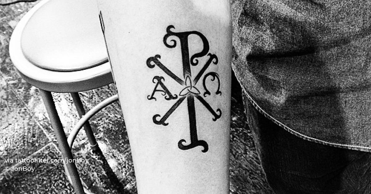 Chi-Rho tattoo located on the inner forearm.
