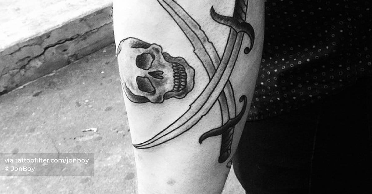Jolly Roger tattoo placed on the forearm, illustrative