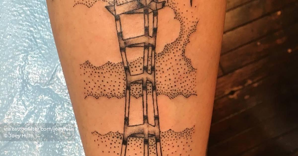 Sutro tower tattoo located on the calf.