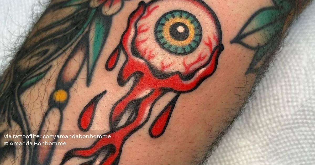 Eyeball and nail tattoo located onn the inner forearm.