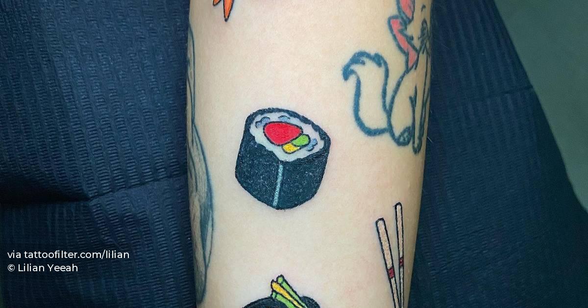 Sushi collection tattooed on the forearm, hand poked