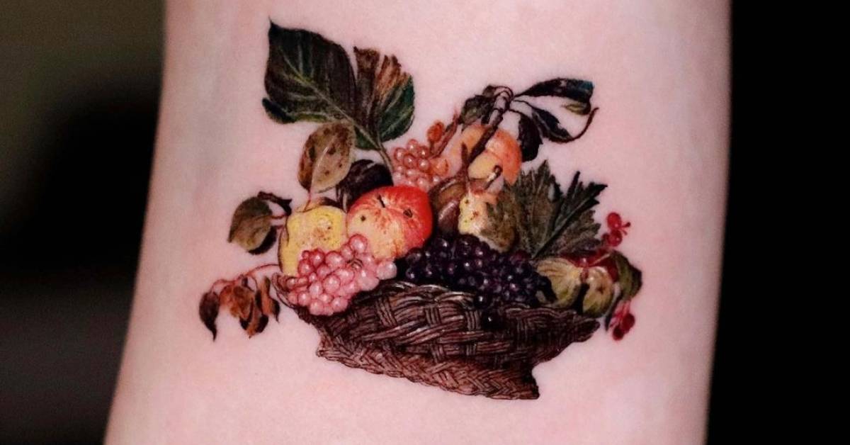 Still life tattoo located on the bicep, micro-realistic