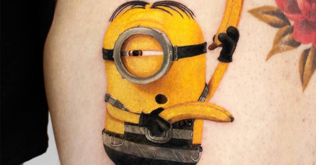 Minion tattoo located on the thigh.