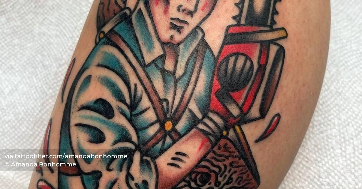 The Evil Dead tattoo located on the calf, traditional