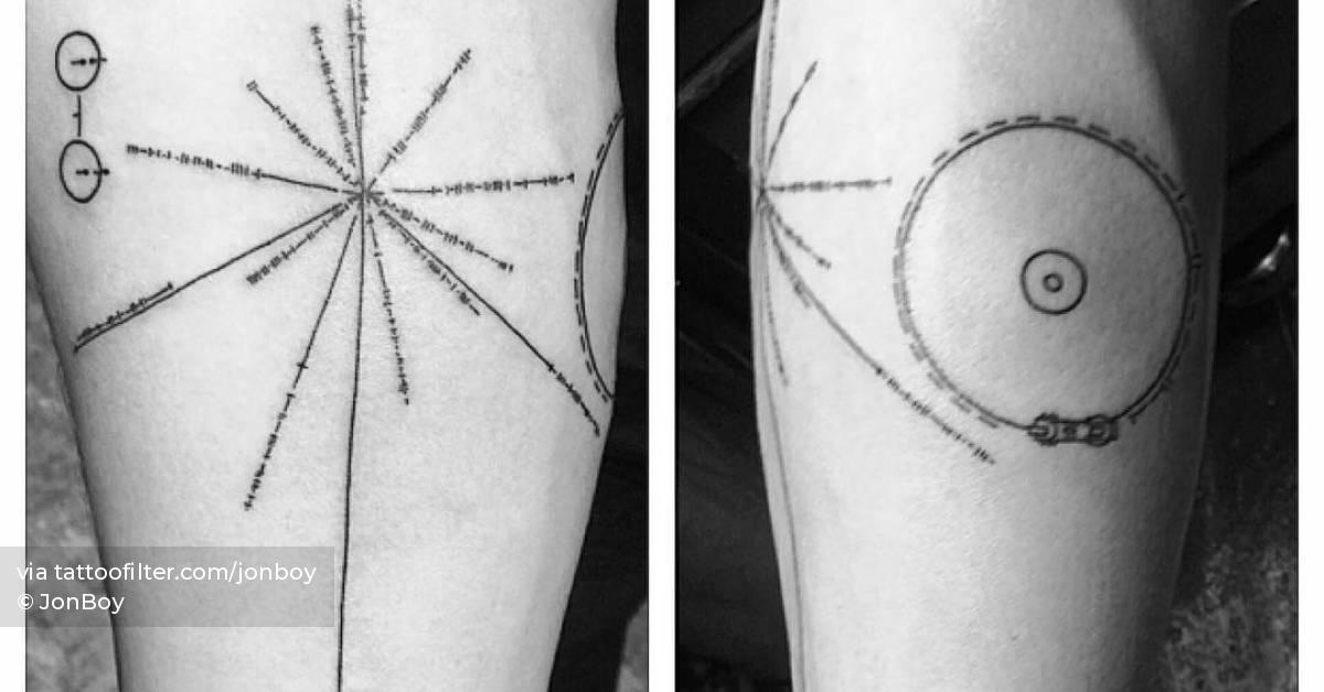 Pioneer plaque tattoo located on the forearm.