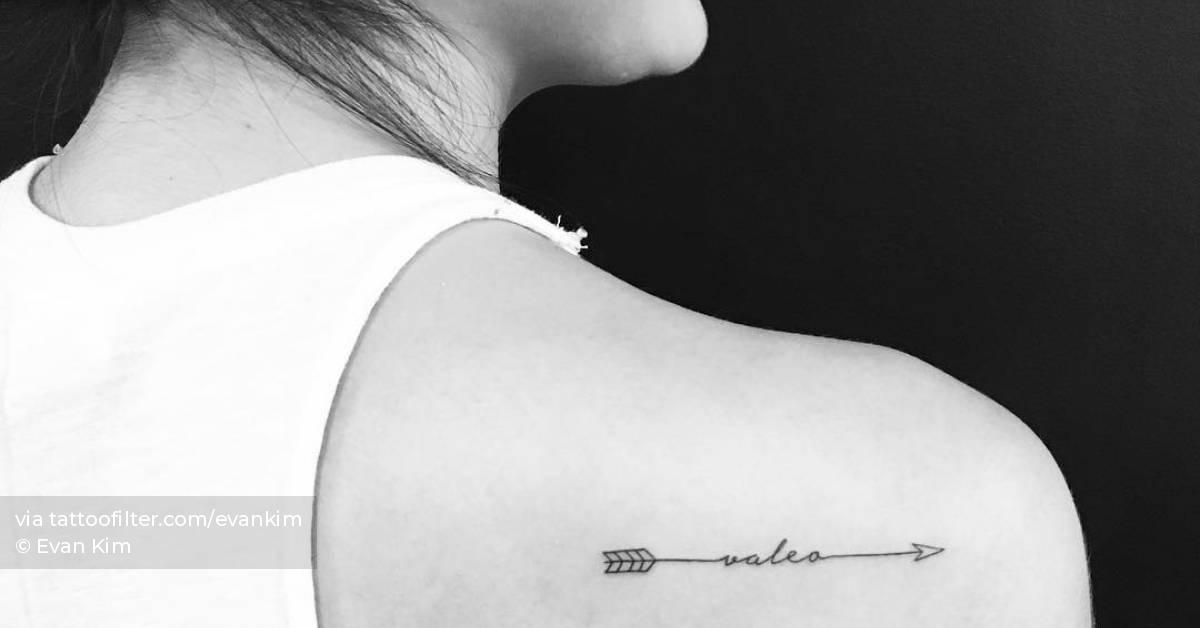 Arrow and the word "valeo" tattooed on the shoulder