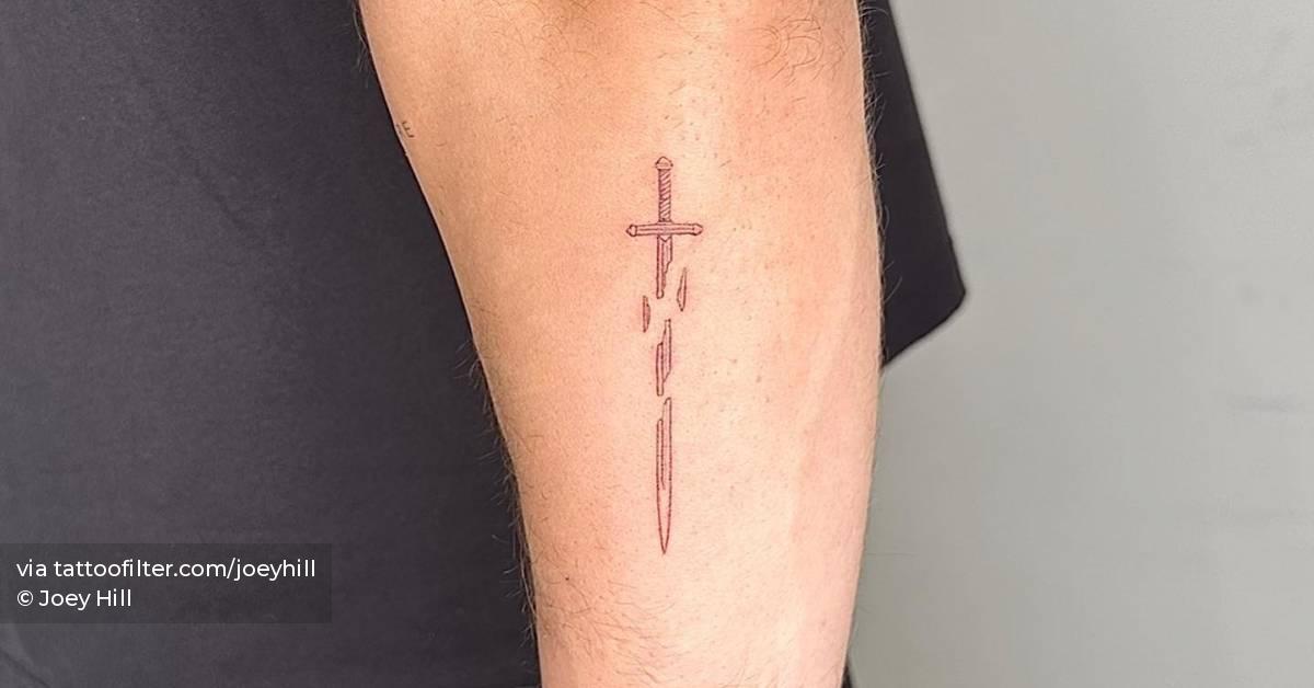 Single needle broken sword tattoo placed on the
