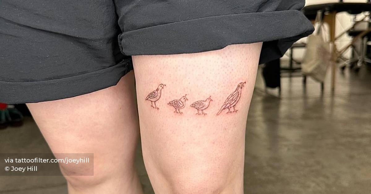 Quail tattoo located on the thigh, done with a single