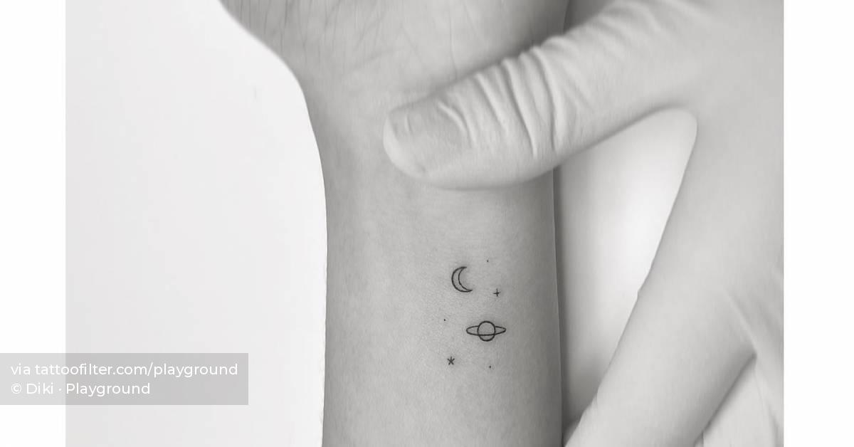 Minimalistic style Saturn, moon and stars tattoo