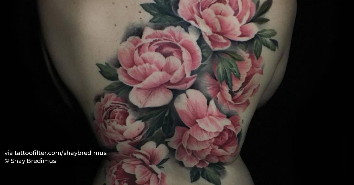 Healed realistic pink peonies backpiece tattoo.