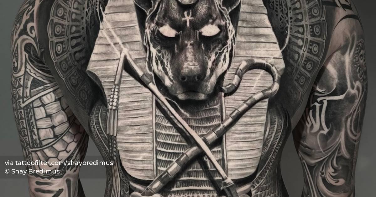 Massive Anubis backpiece tattoo done in black and grey.
