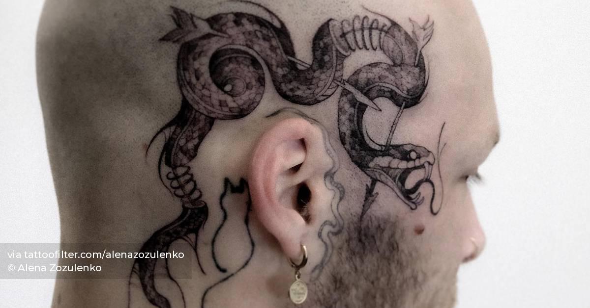 Snake tattoo located on the head, illustrative style.