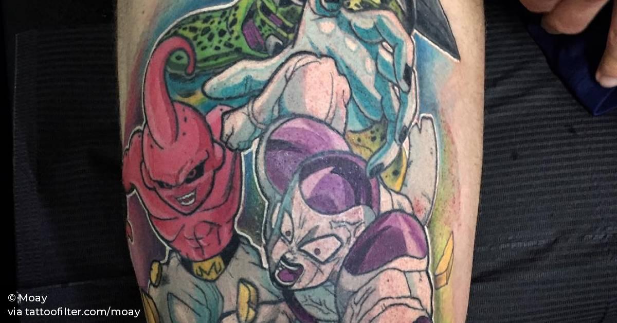 Dragon Ball Z adaptation tattoo on the right thigh.