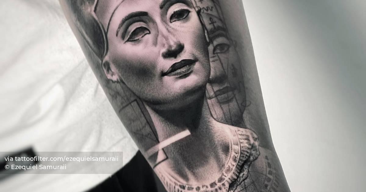 Black and grey Nefertiti tattoo located on the inner